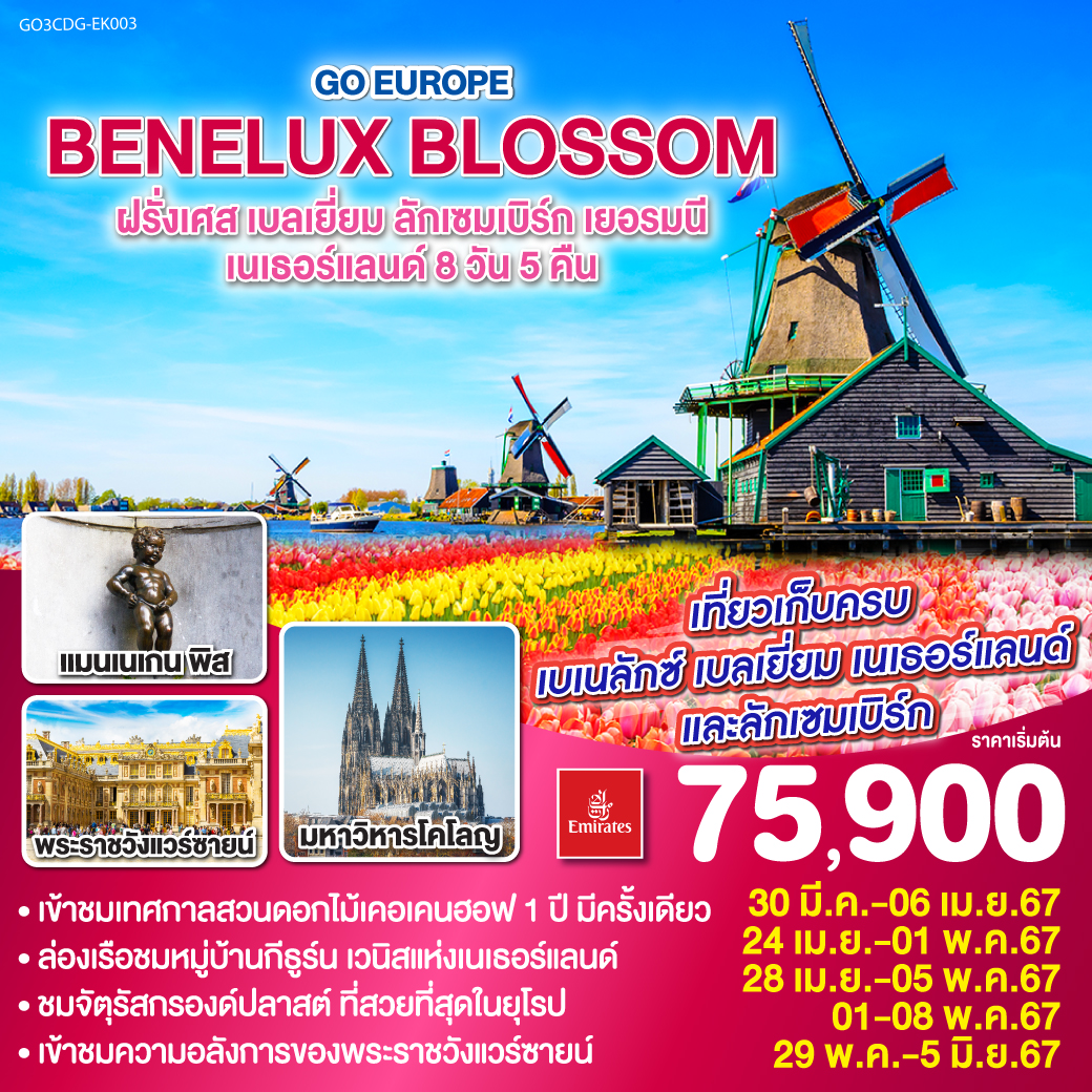 BENELUX BLOSSOM ฝรั่งเศส เบลเยี่ยม ลักเซมเบิร์ก เยอรมนี เนเธอร์แลนด์ 8วัน 5คืน โดยสายการบิน ...